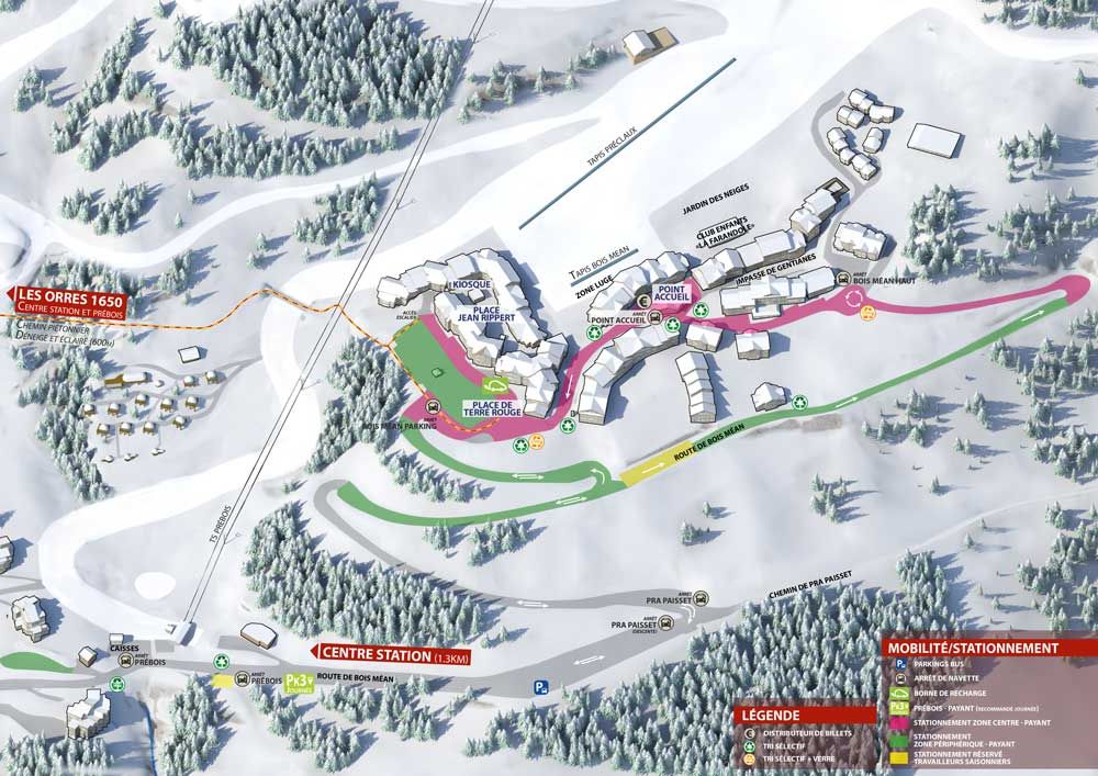 Plan station Les Orres 1800, parkings et hebergement